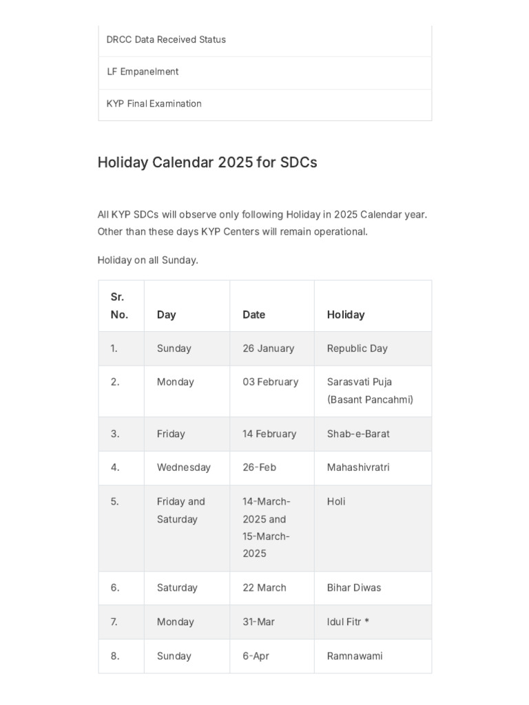 KYP 2025 Holiday Calendar for Bihar | PDF | Holidays | Observances