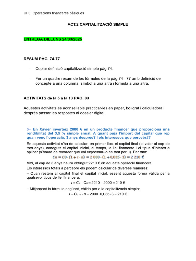 U4. Act2 - Capitalització Simple | PDF