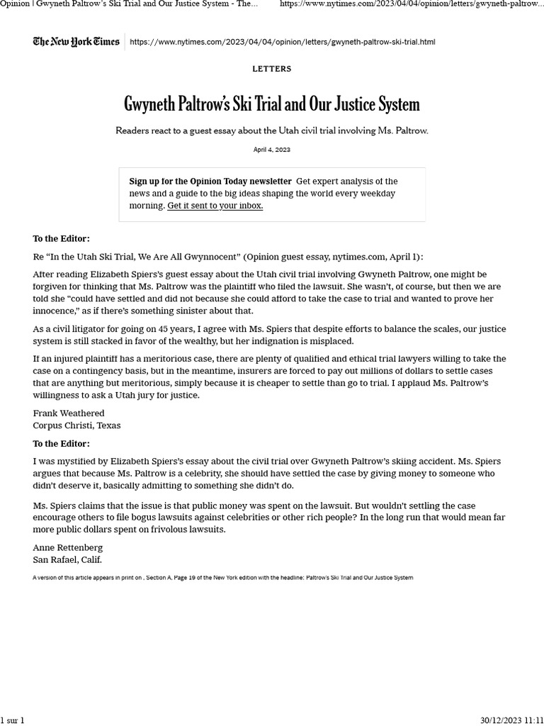 Opinion Gwyneth Paltrow's Ski Trial and Our Justice System - The New York Times | PDF | Lawsuit ...