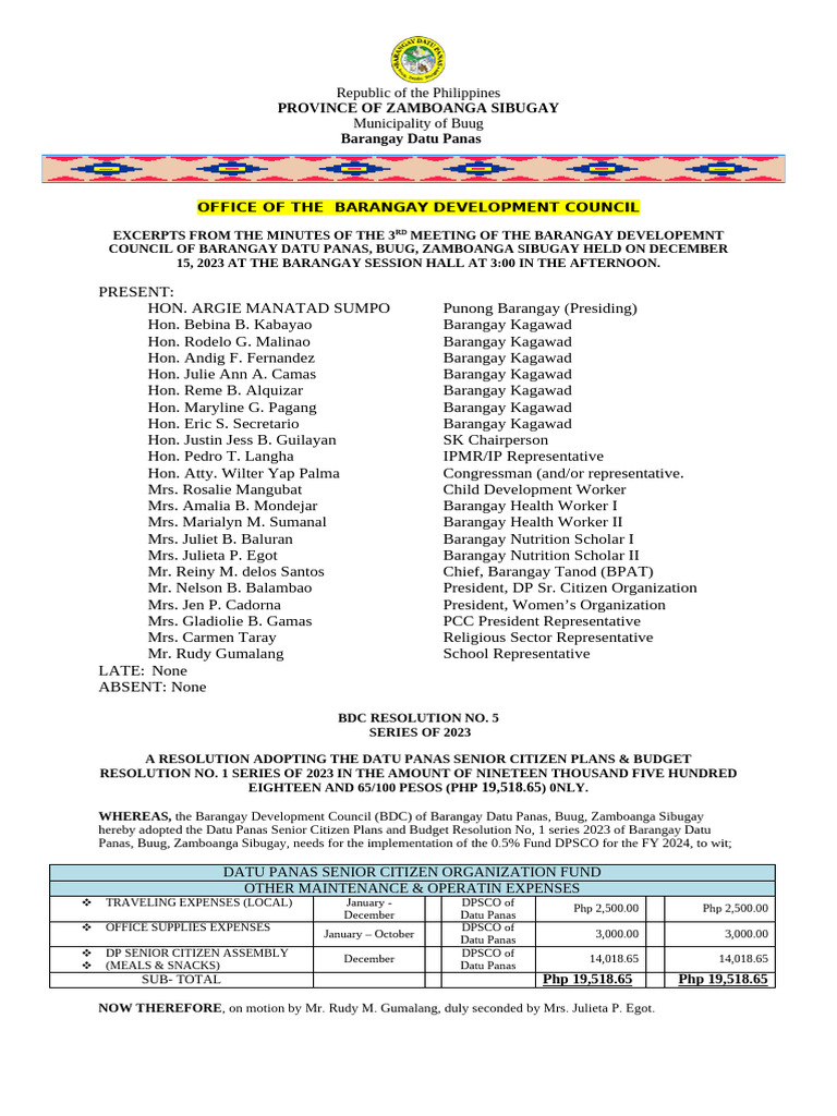 BDC Resolution No. 5 On SC Plan & Budget S2023 | PDF | Philippines