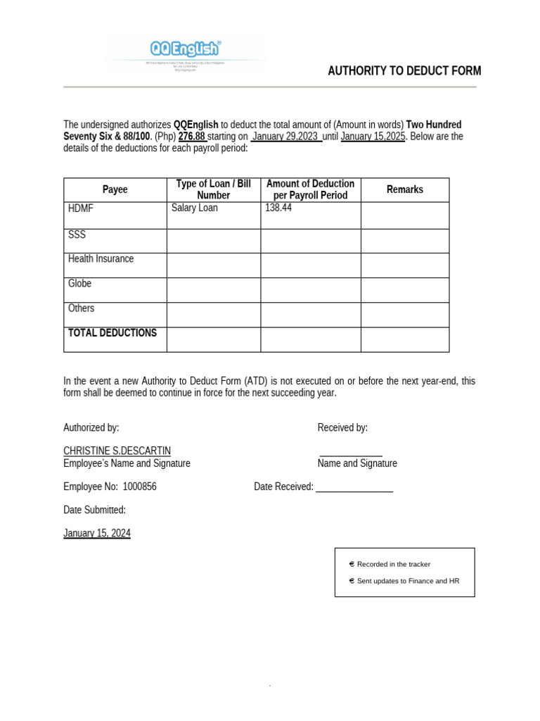 Authority To Deduct Form-Format | PDF