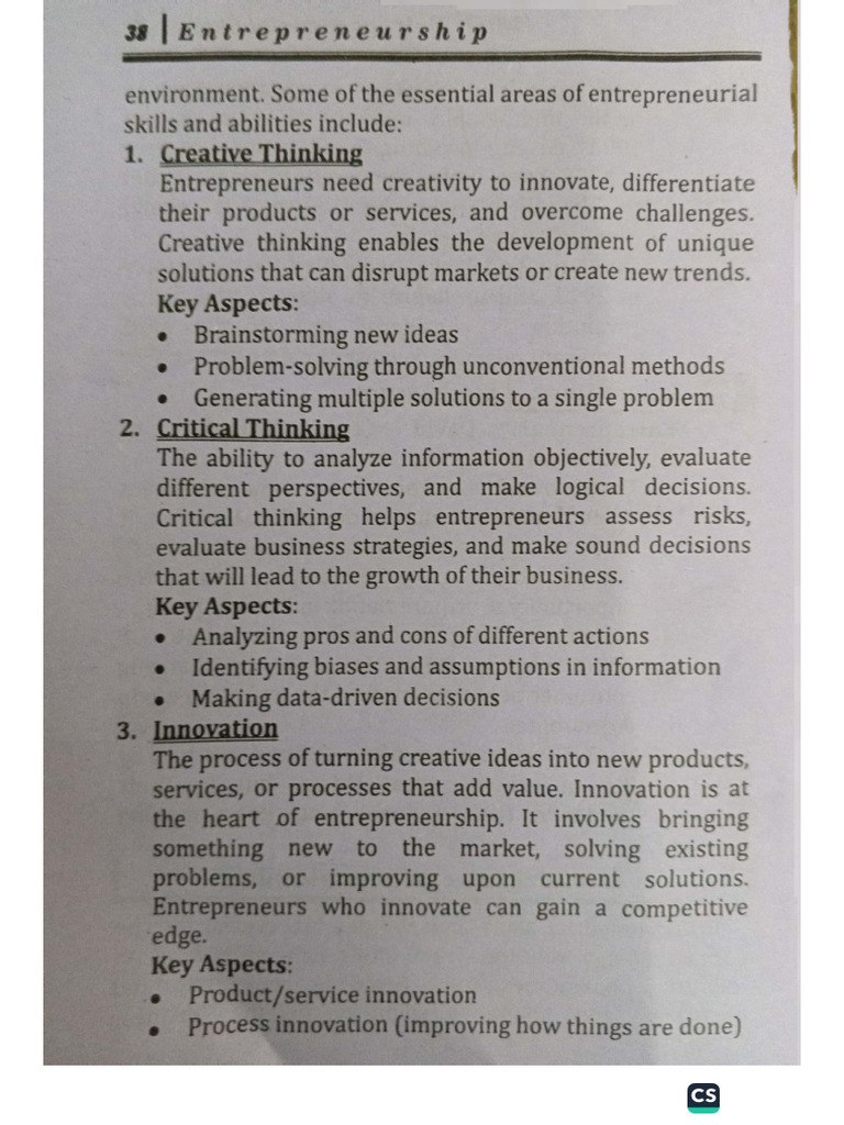Areas of Essential Entrepreneurial Skills and Abilities | PDF