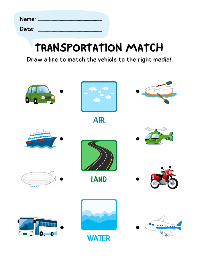 Matching Transportation Worksheet in White and Blue Illustrative Style ...