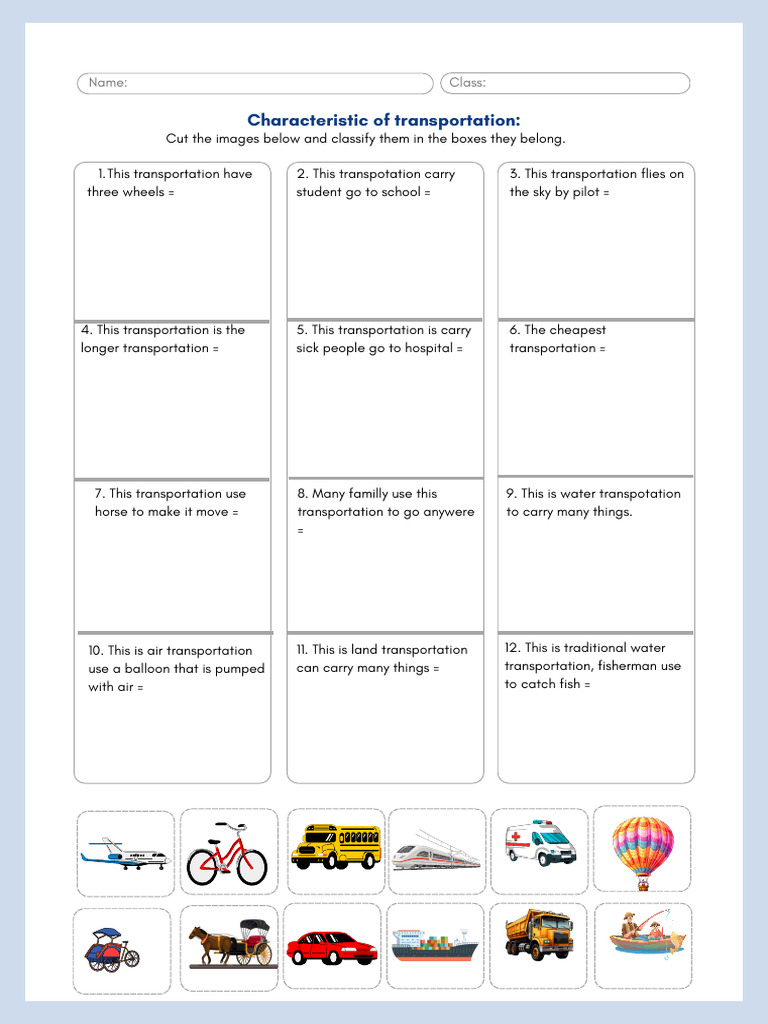 Means of Transportation Worksheet in Blue Illustrative Style | PDF