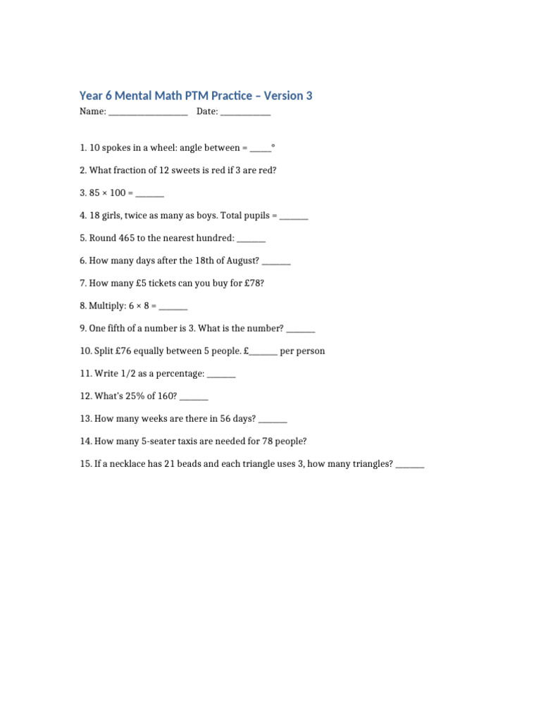 Year6 Mental Math PTMs Version 3 Unique | PDF