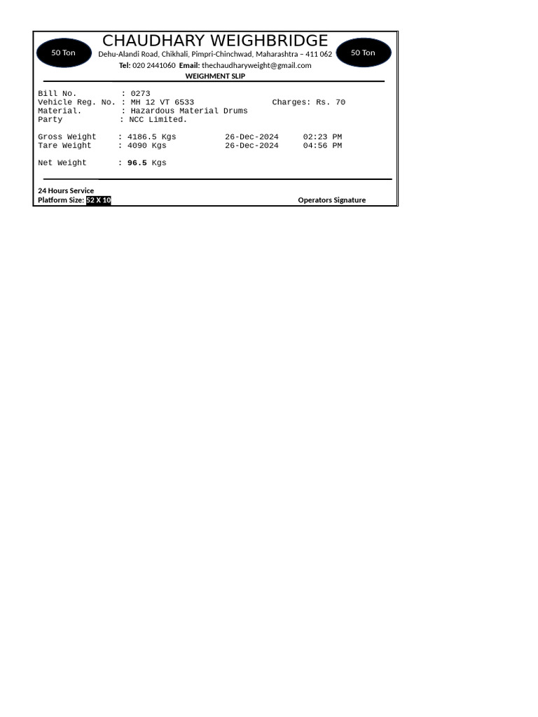 Weighbridge Slip Format Example | PDF