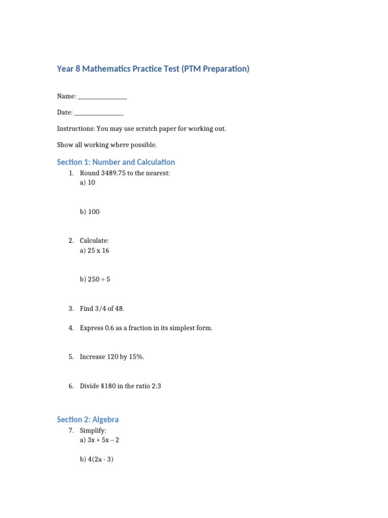 Year 8 Maths Practice Test with Answers | PDF