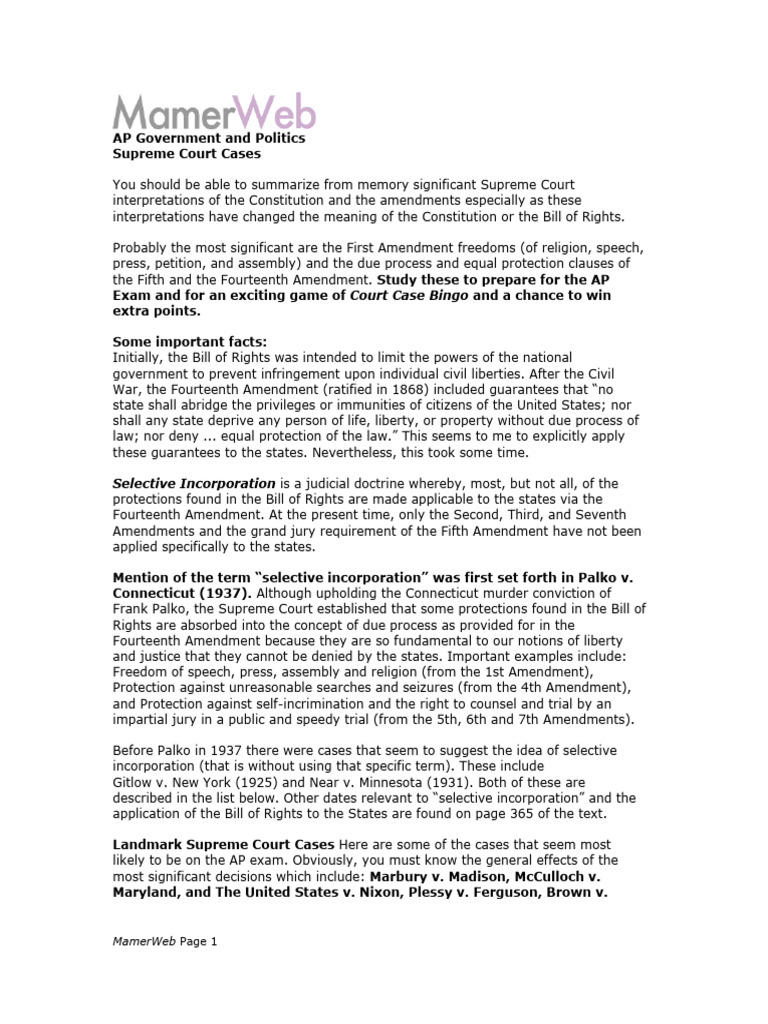 AP US Gov Supreme Court Case List | PDF | Incorporation Of The Bill Of ...