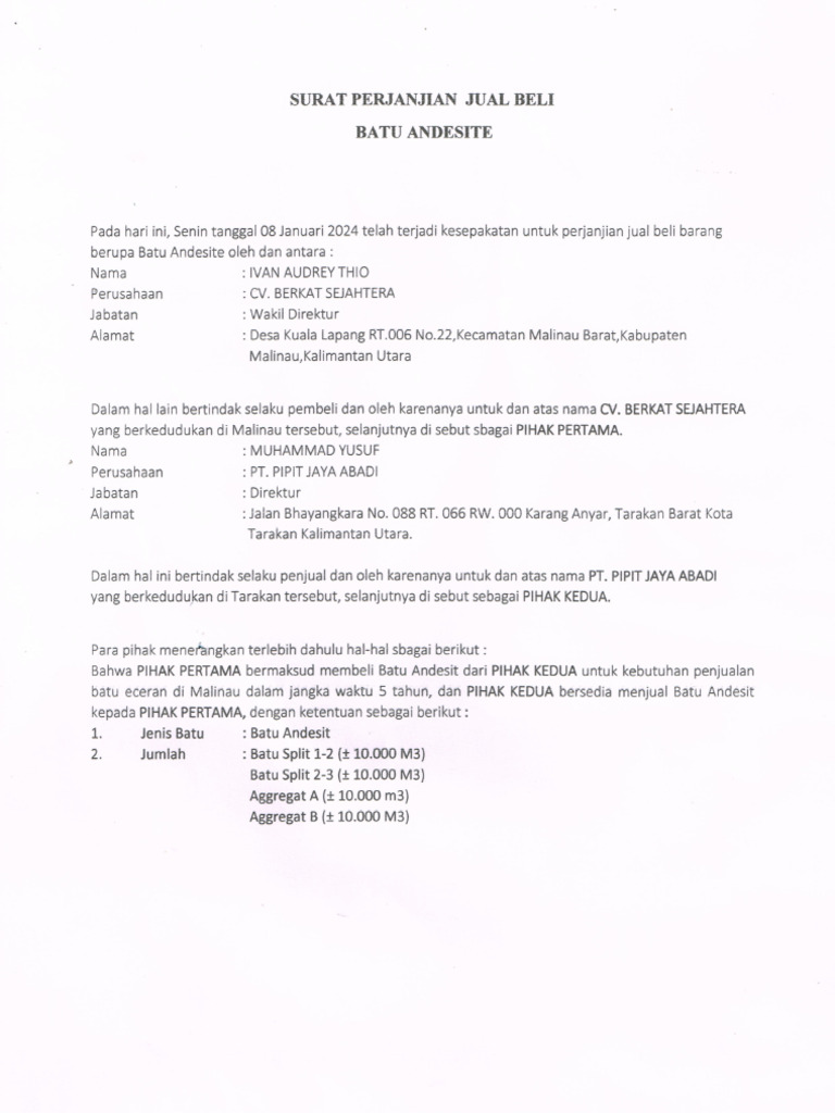Surat Perjanjian Jual Beli Batu Andesit | PDF