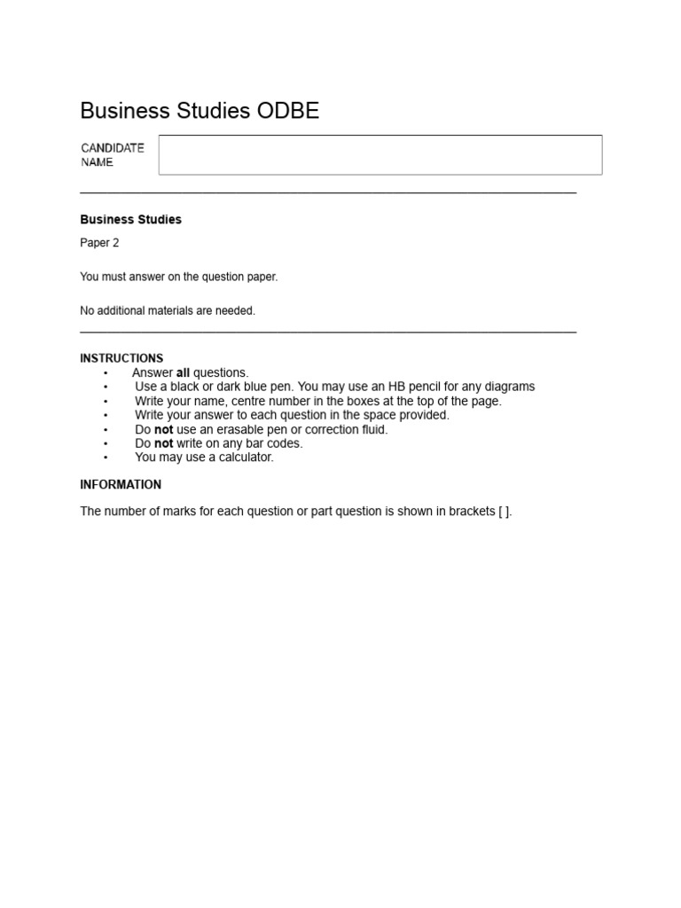 ODBE Business Studies Exam Instructions | PDF