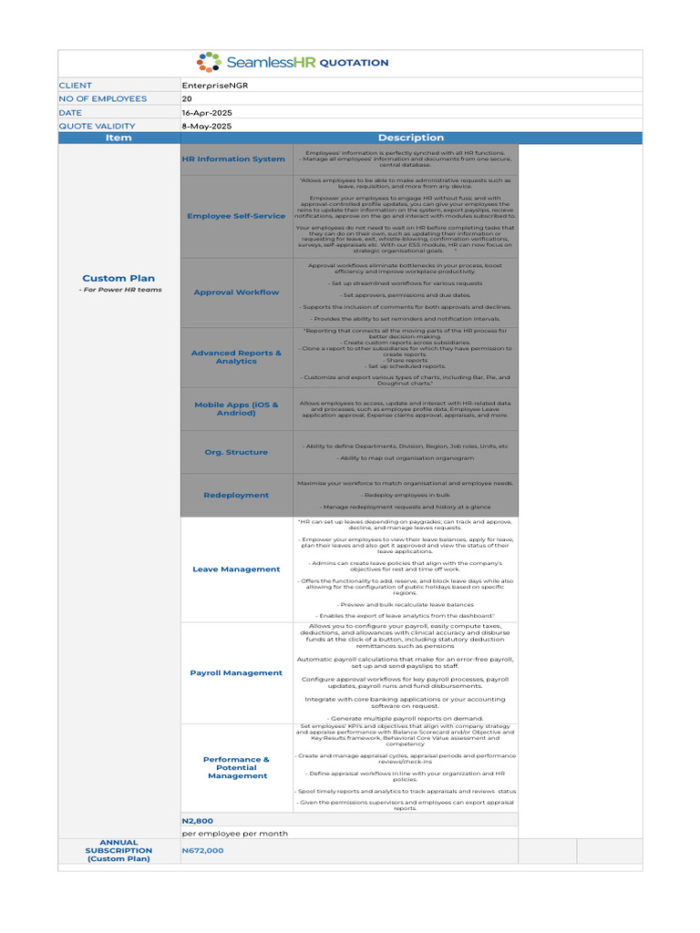 EnterpriseNGR Custom Plan Quotation 20 Employees | PDF | Payroll ...