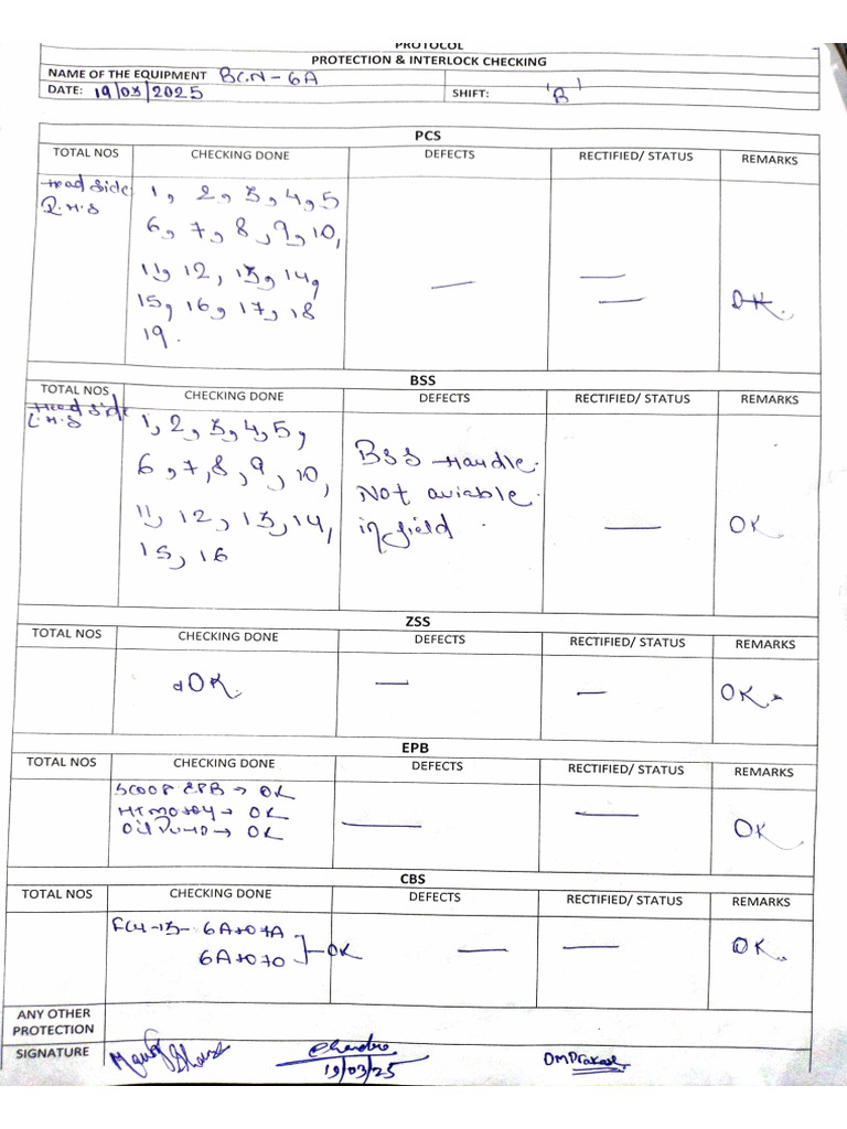 BCN#6A PROTECTION INTERLOCK REPORT 19.03.2025 B Shift | PDF