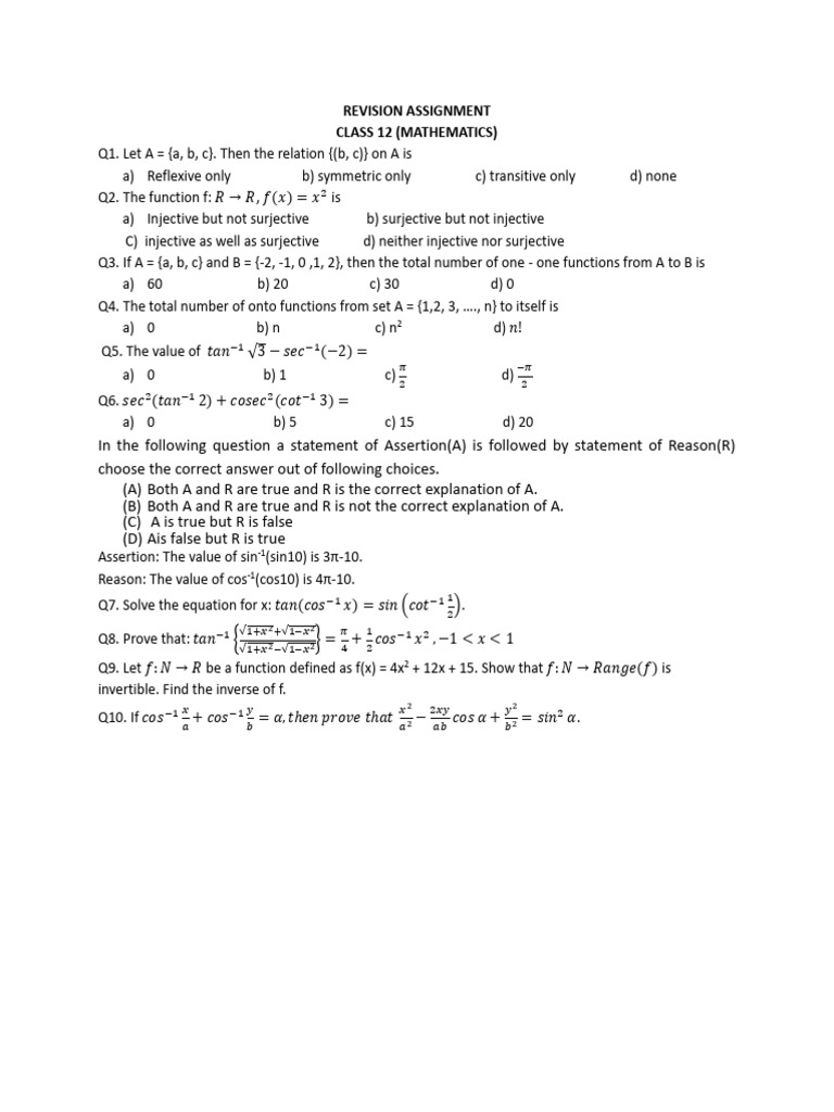 Revision Assignment Maths 12 | PDF