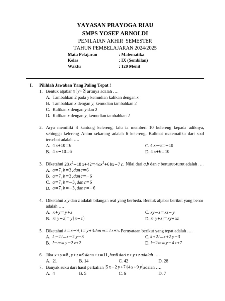 Soal PTS MTK 9 | PDF