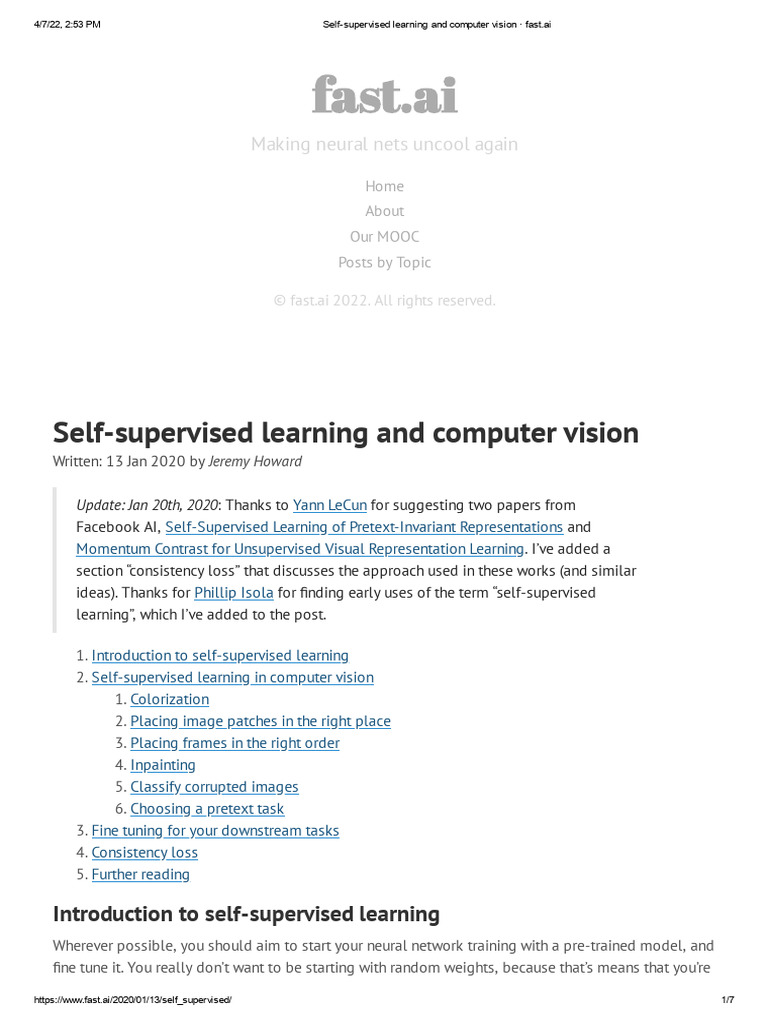 Self-Supervised Learning and Computer Vision Fast - Ai | PDF | Computer ...