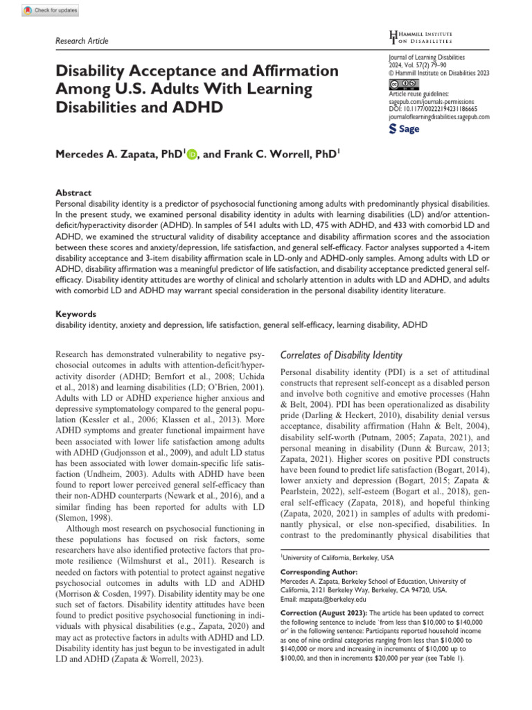 Zapata Worrell 2023 Disability Acceptance and Affirmation Among U S Adults With Learning ...