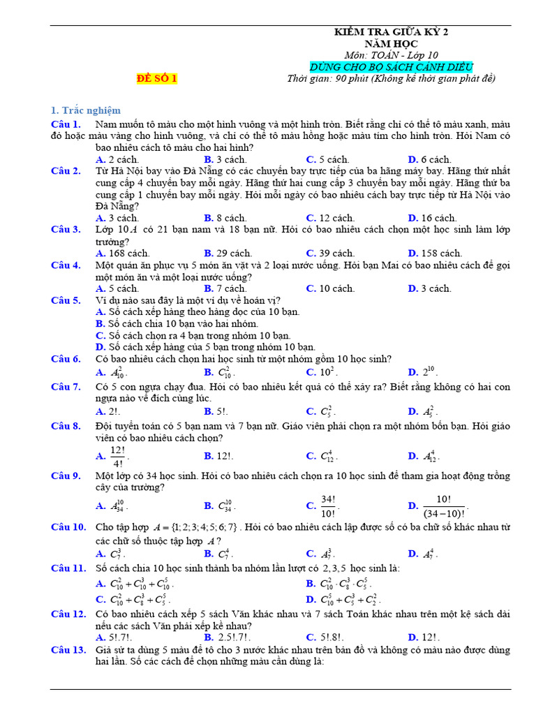 10 de Kiem Tra Giua Hoc Ky 2 Toan 10 Canh Dieu Co Dap an Va Loi Giai | PDF