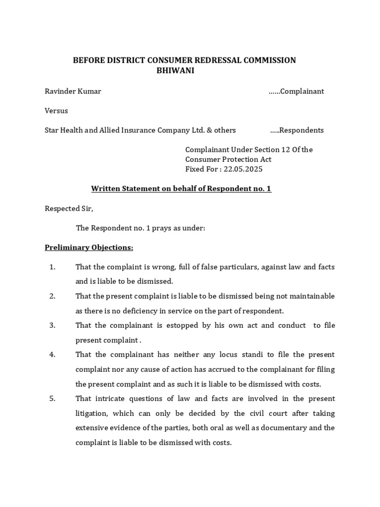 Ravinder Vs Star Health Written Statement | PDF | Complaint | Justice