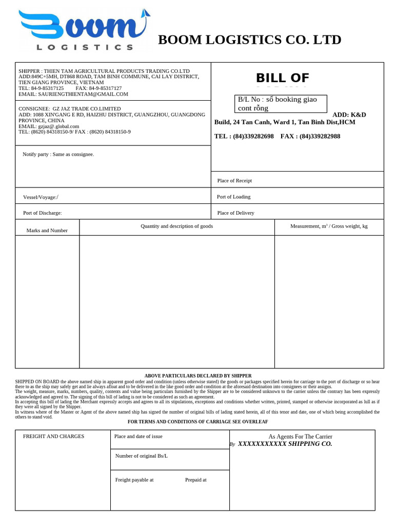 Bill of Lading for Thien Tam Products | PDF | Bill Of Lading | Cargo
