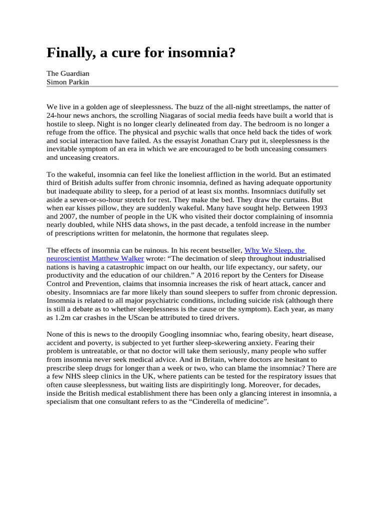 Long Read - A Cure For Insomnia | PDF | Insomnia | Sleep