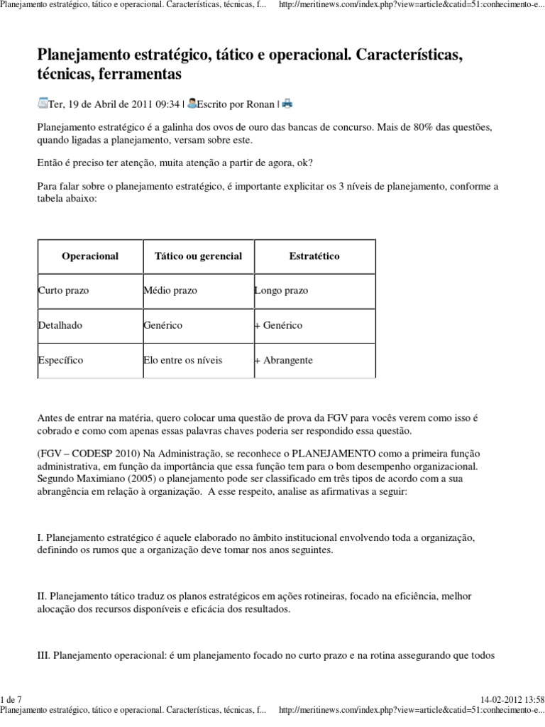 Planejamento Estratégico, Tático e Operacional | Download grátis PDF ...