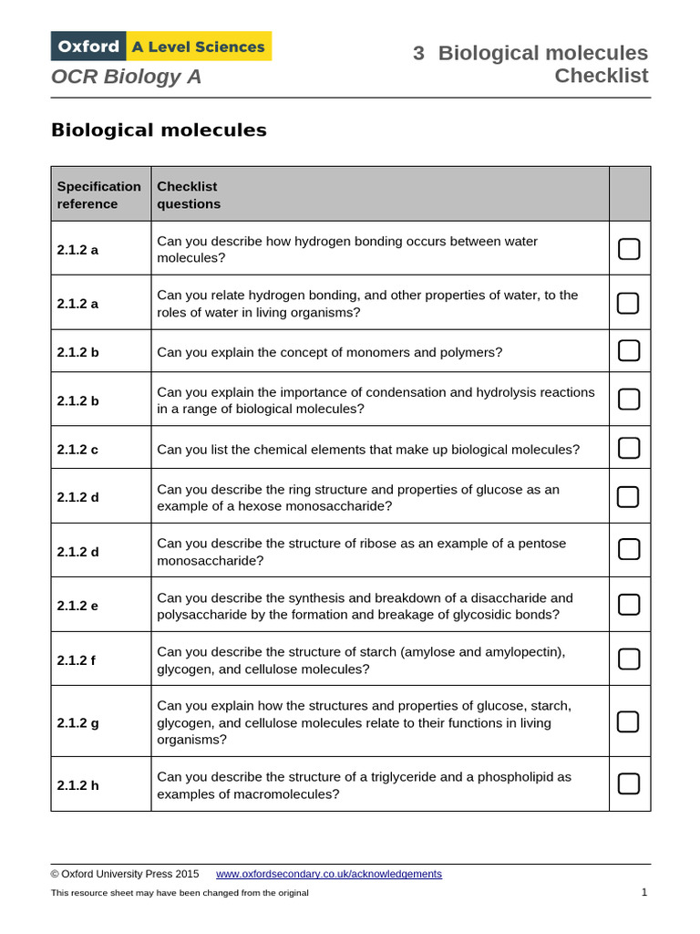 3 Biological Molecules Checklist | PDF | Biomolecules | Proteins