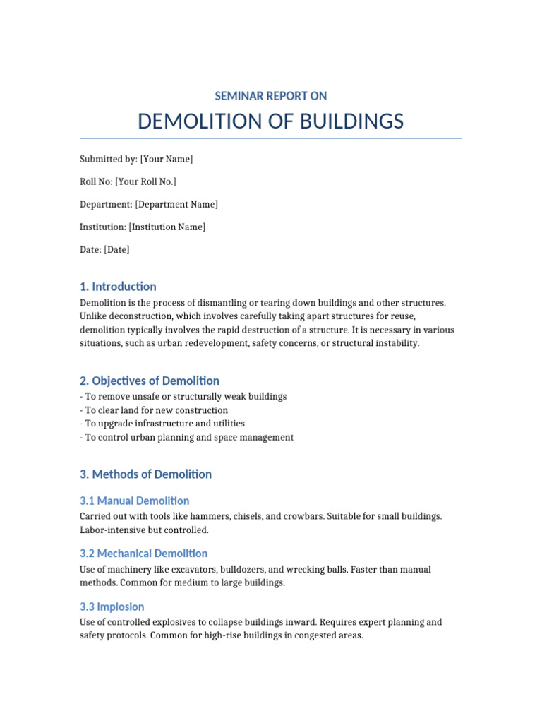 Demolition of Building Seminar Report | PDF | Demolition