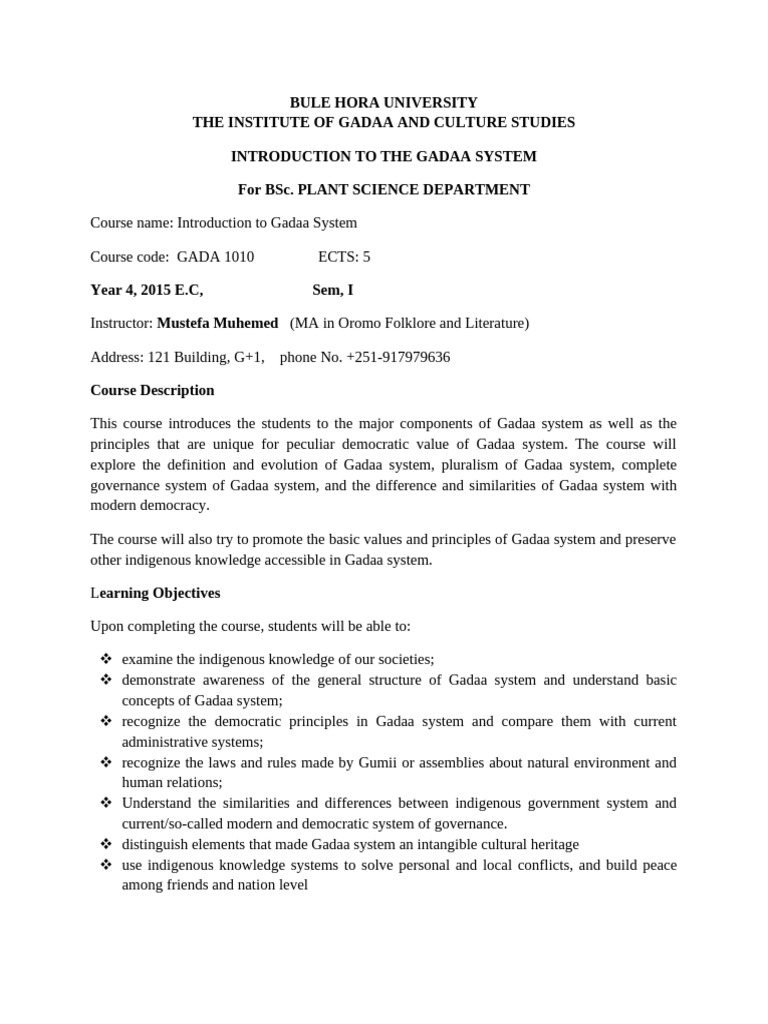 Course Outline of Gadaa System | PDF | Political Science