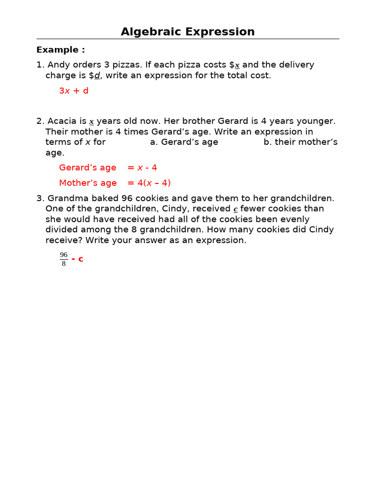 Word Problem Algebraic Expression | PDF