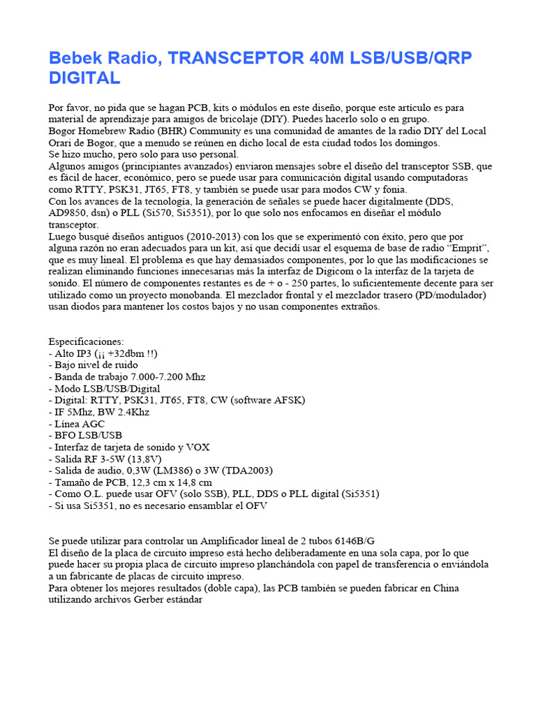Transceptor 40M LSB: Proyecto DIY | PDF | Filtro electronico | Amplificador