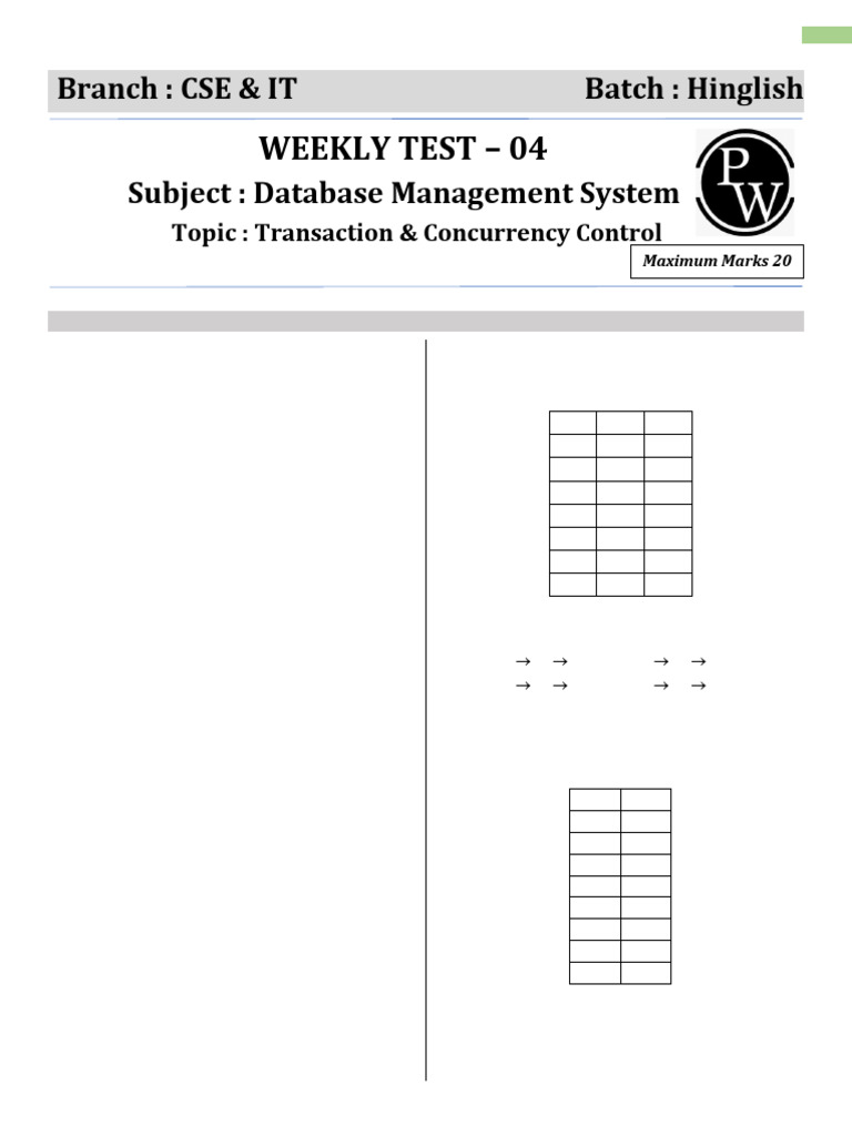 Database Management System - Weekly Test 04 - Test Paper | PDF ...