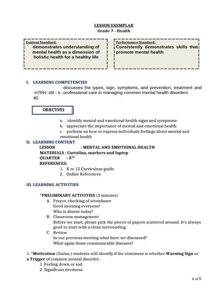 Catalio LESSON PLAN EXEMPLAR | PDF | Mental Health | Stress (Biology)