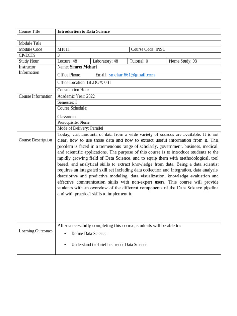 Data Science Course Outline | PDF | Data Science | Machine Learning