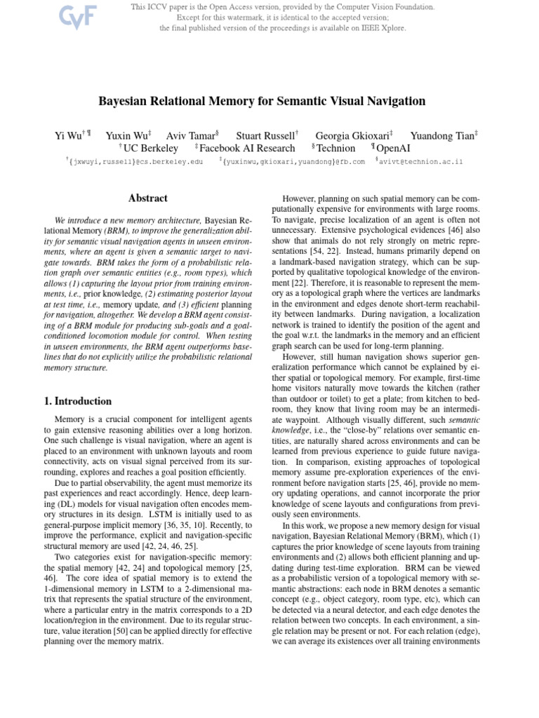 2019_Wu et al_Bayesian Relational Memory for Semantic Visual Navigation | PDF | Statistical ...