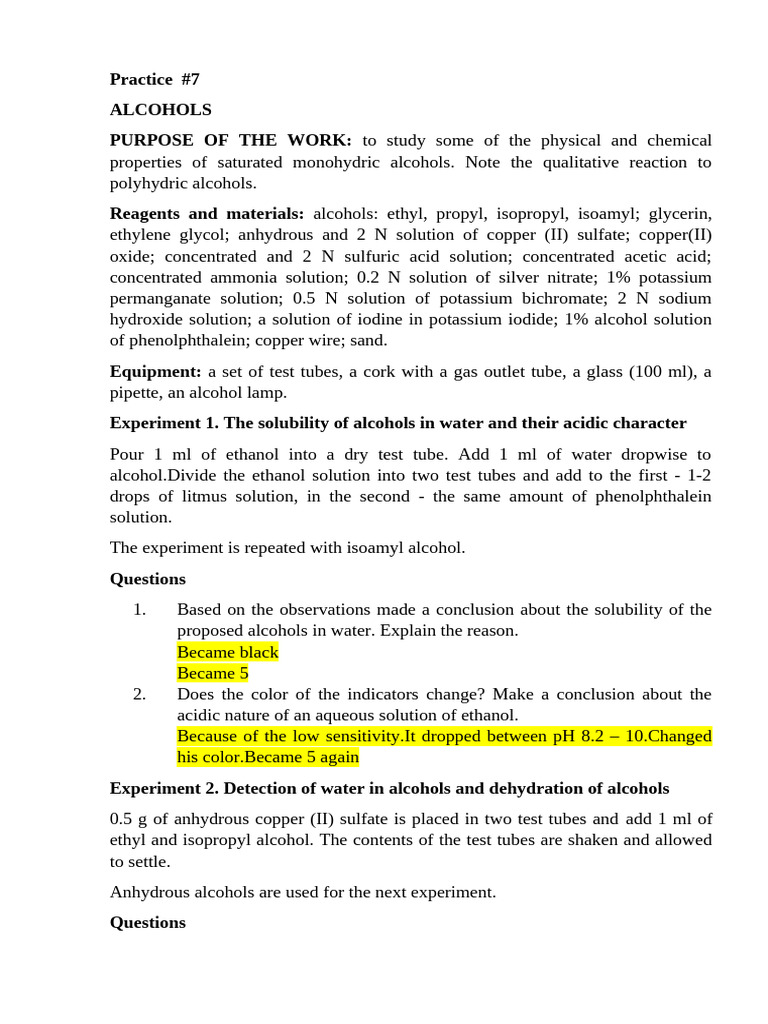 Practice 7 Alcohols Kabyl Madiyar | PDF | Ethanol | Sodium