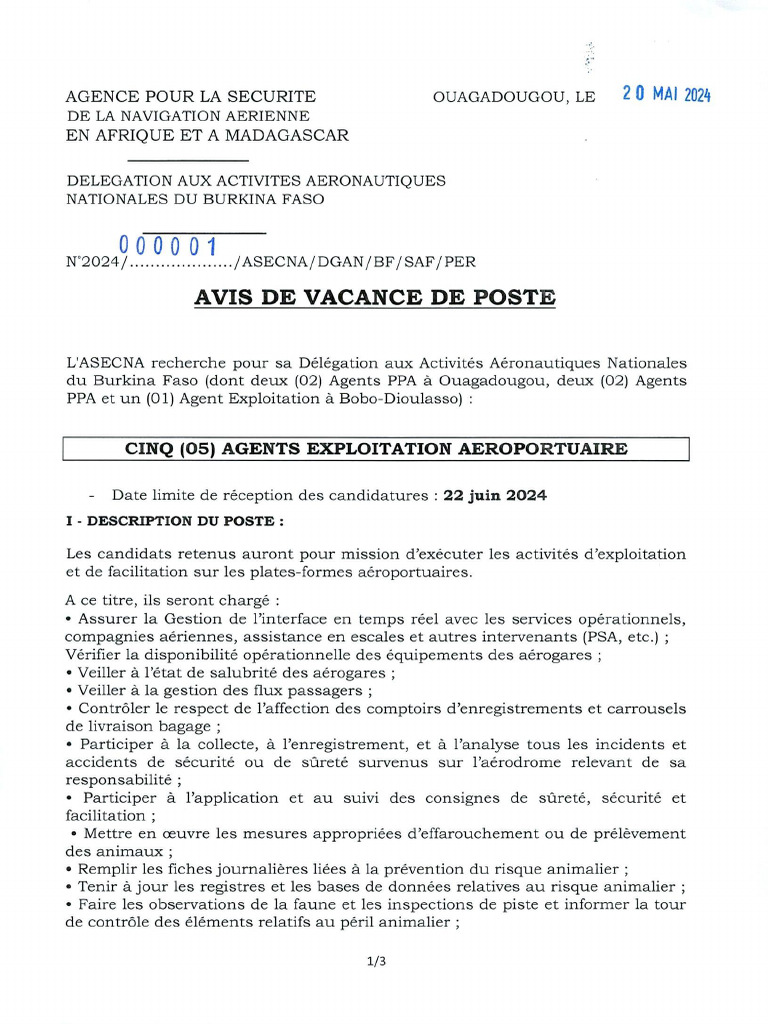 AVP N°001 Du 20 05 2024 Pour 05 Agents Exploitation Aéroportuaire ...