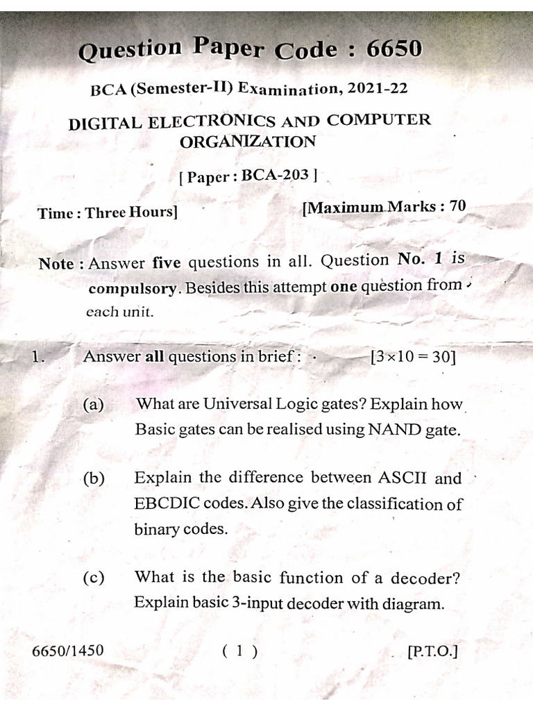Digital Electronics and computer organisation BCA 2semester external paper 2022 | PDF