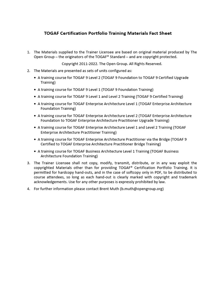 Togaf Certification Portfolio Training Materials Fact Sheet | PDF