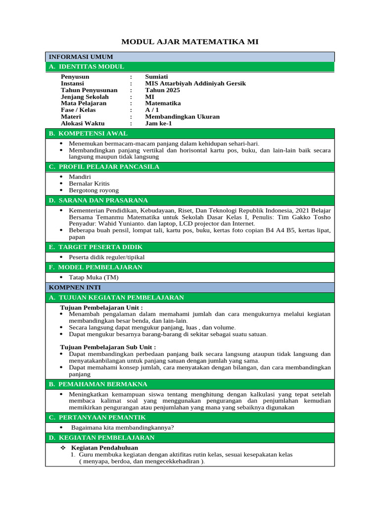 Sumiati - Modul Ajar Matematika Kelals 1 MI | PDF
