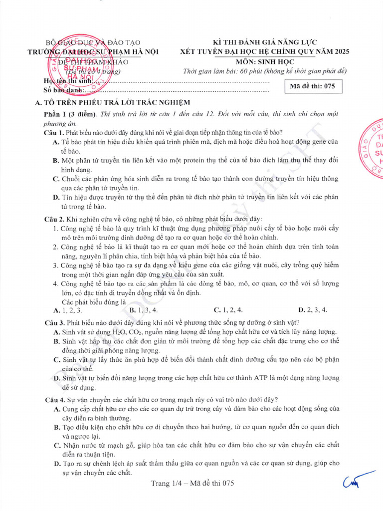 06 de Thi Tham Khao Mon SINH HOC Ky Thi SPT 2025 | PDF