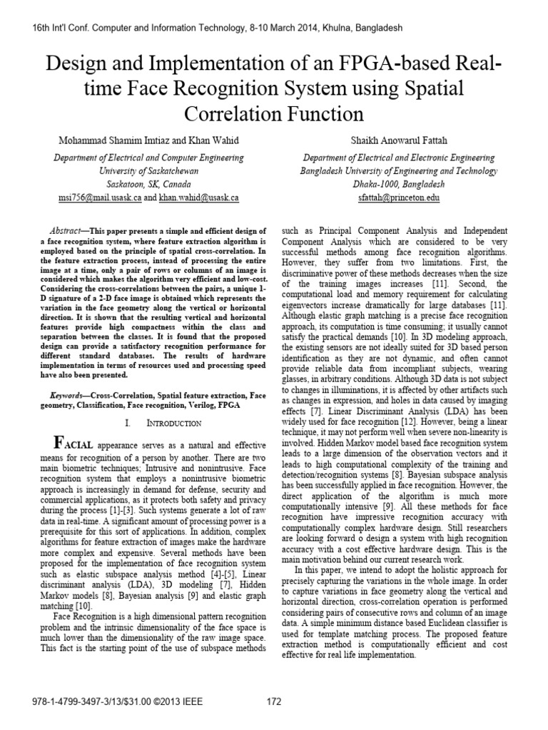 Design And Implementation Of An Fpga Based Realtime Face Recognition System Using Spatial