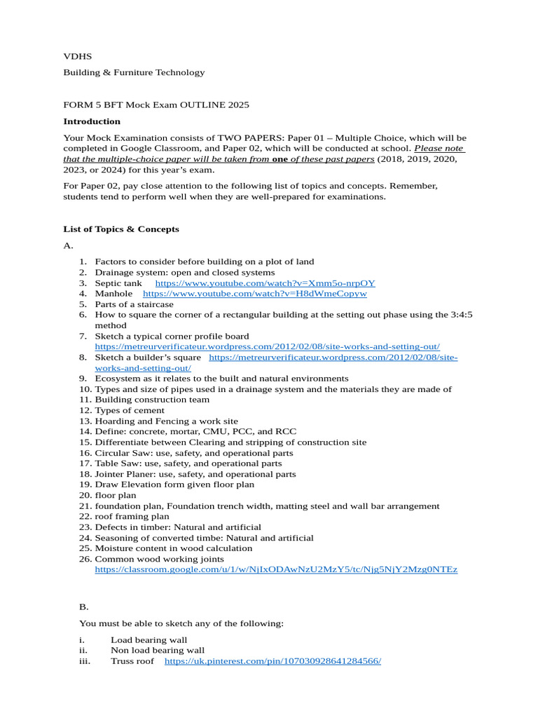 Form 5 BFT Mock Exam Outline 2025 | PDF | Wall | Door