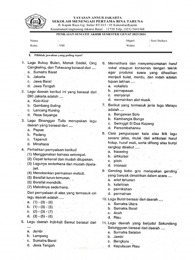 Kelas Viii Seni Budaya Sas Ganjil 2023 | PDF