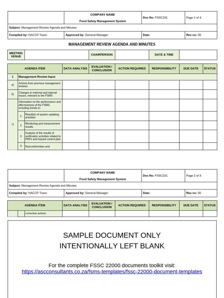 HACCP Management Review Minutes Template | PDF