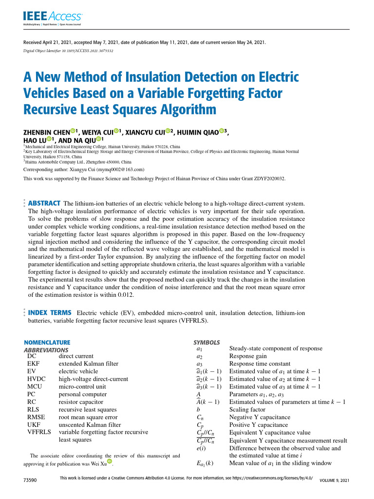 A New Method of Insulation Detection On Electric Vehicles Based On A Variable Forgetting Factor ...