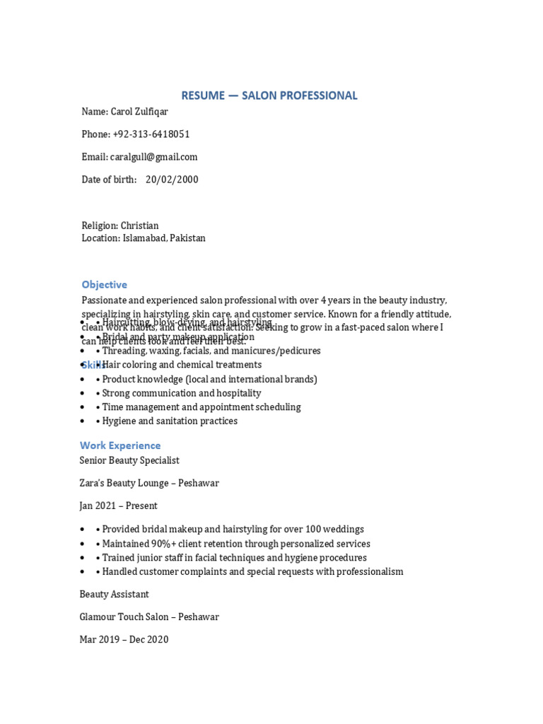 Salon Professional Resume: Carol Zulfiqar | PDF