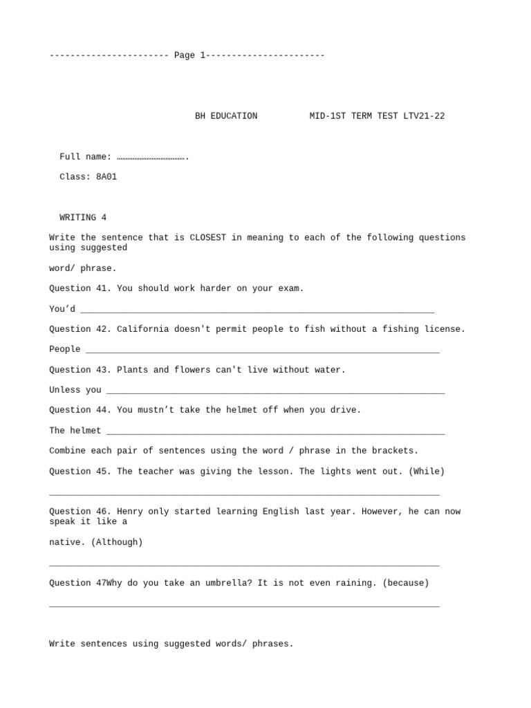 Grade 8 Mid-1st Term Writing 4-6 With Key | PDF