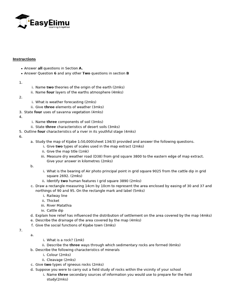 Geography Paper 1 KCSE Predictions 2023 | PDF | Rock (Geology) | Lake