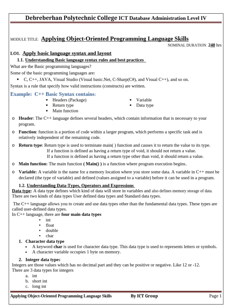 ICT ITS4 05 0811 Apply Object Oriented Programming Language Skills | PDF | Integer (Computer ...