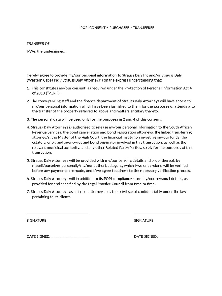 Popi Client Consent - Transfer-Purchaser | PDF